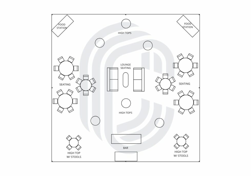 40' by 40' Tent Layout for 100-Guest Cocktail Party