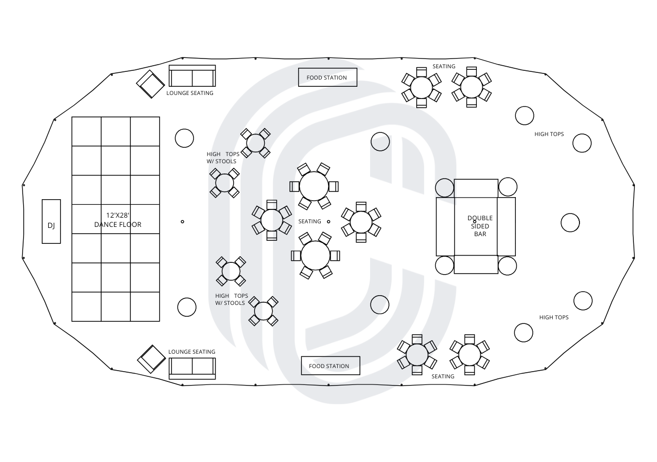 45' by 84' Sailcloth Tent Layout for a 200 Guest Cocktail Party ...